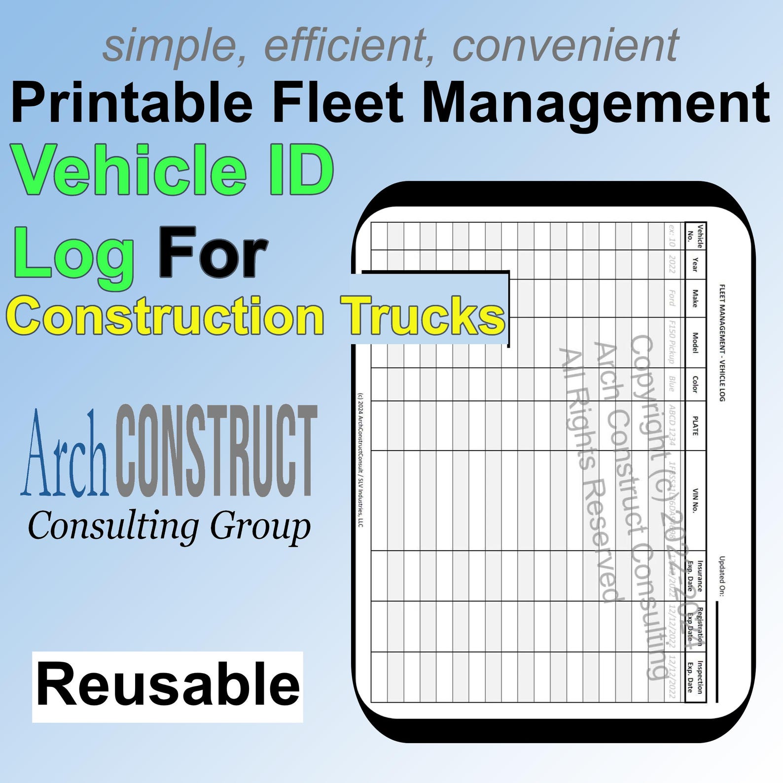 Printable Fleet Management - Vehicle ID Log for Construction Trucks ...