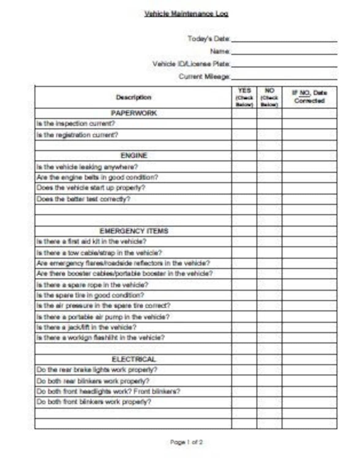 Printable Fleet Management Vehicle Maintenance Log. - Etsy