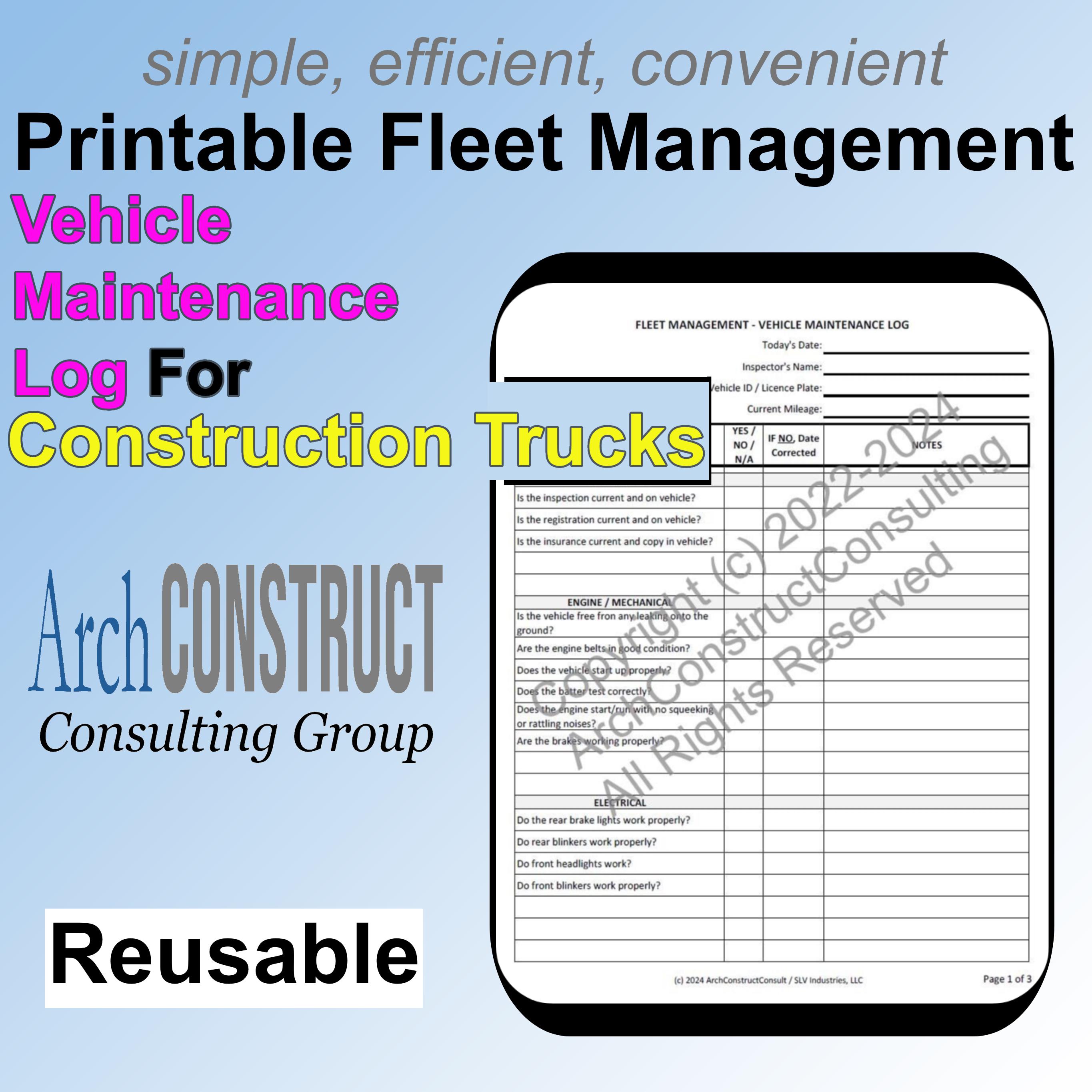 Printable Fleet Management - Vehicle Maintenance Log for Construction ...