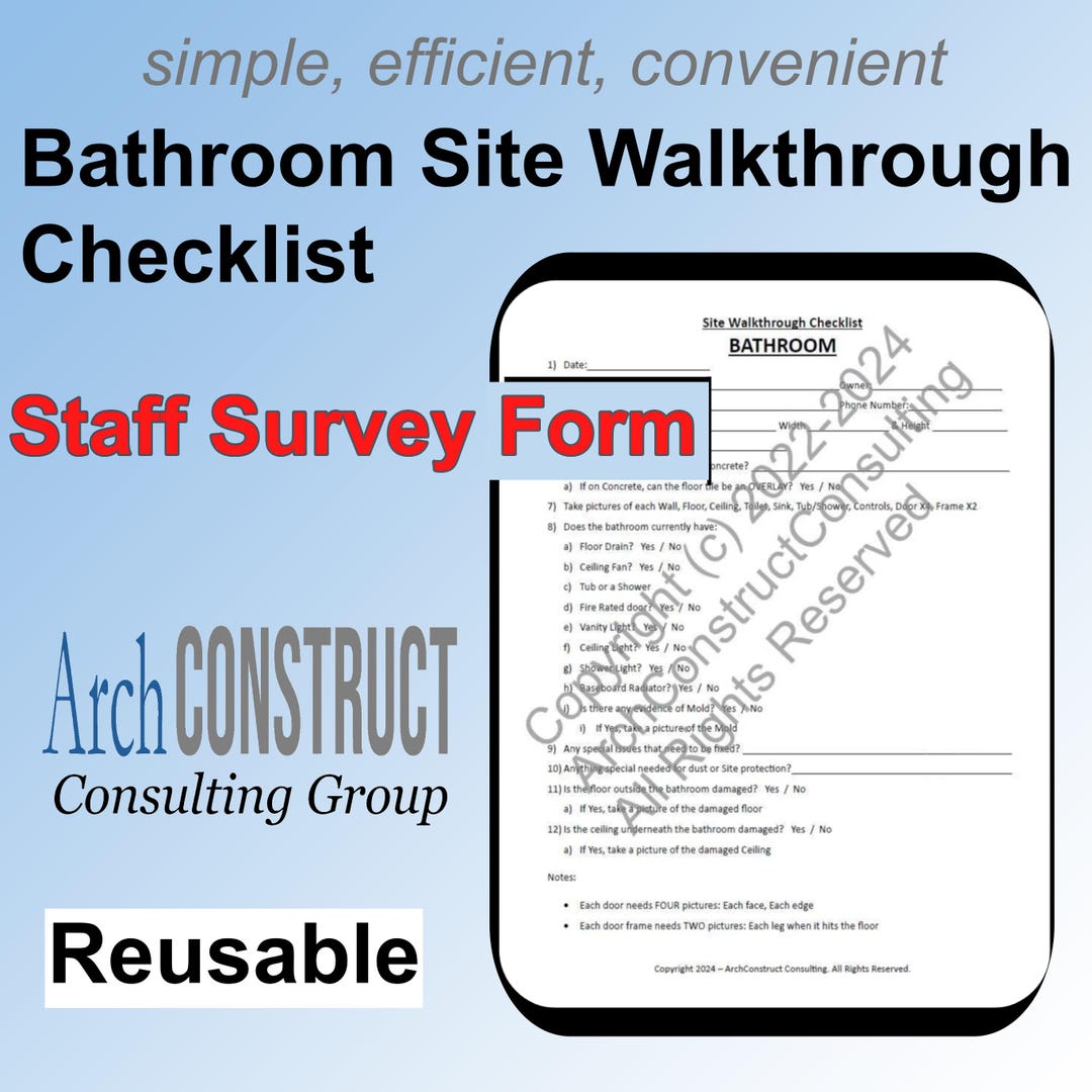 Printable Bathroom Site Walkthrough Checklist | Staff Survey Form | Remodel Evaluation PDF - Etsy