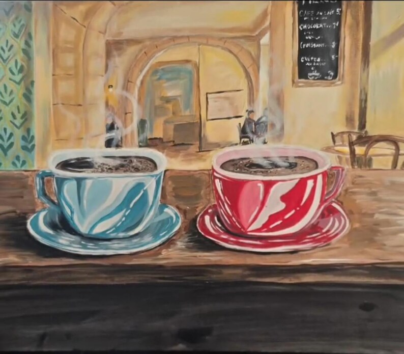 Teal Blue and Red Swirl Coffee Cups Painting, Rustic Cafe Scene - Etsy