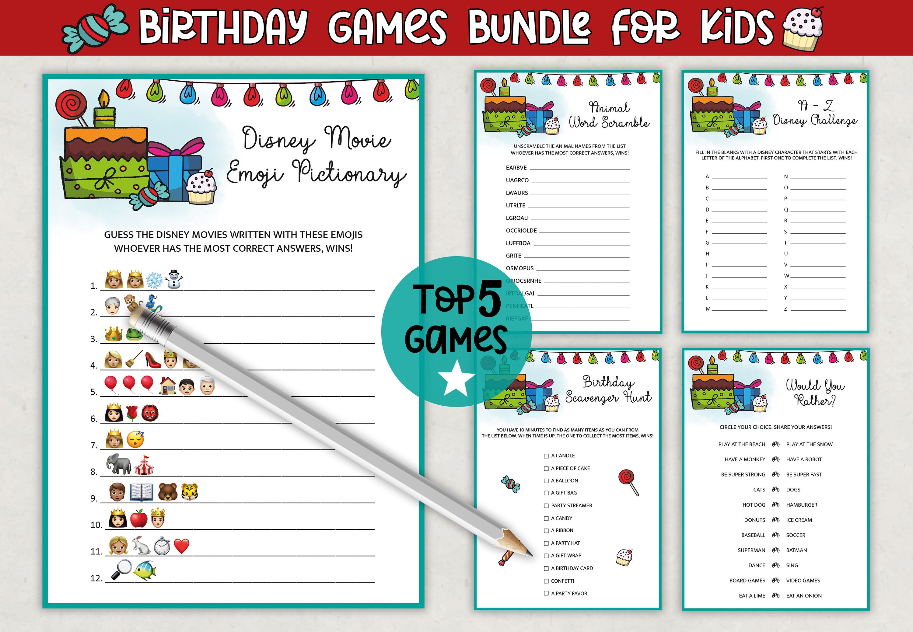Kids Birthday Game Bundle Top 5 Birthday Party Games Disney, Scavenger ...