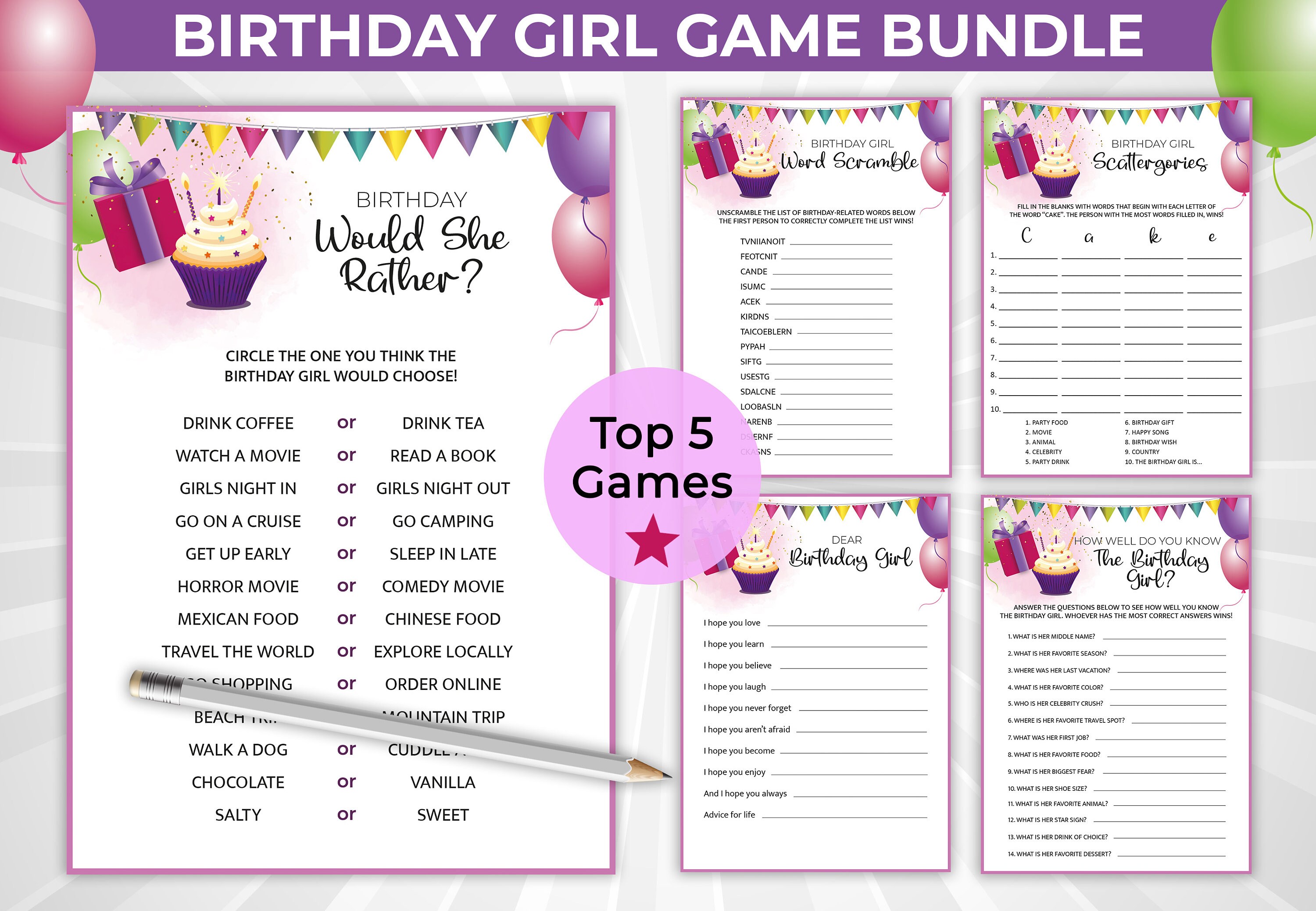 Birthday Girl Game Bundle | Top 5 Birthday Party Games | Instant ...