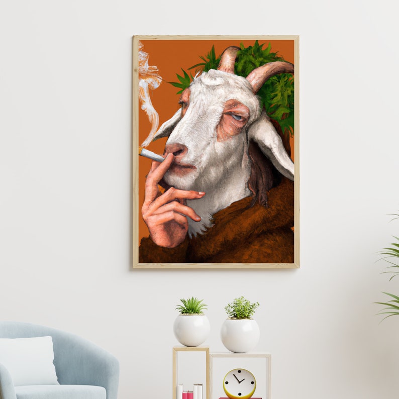 Smoking Goat Art Print for Unique Animal Wall Decor - Goat Painting and ...