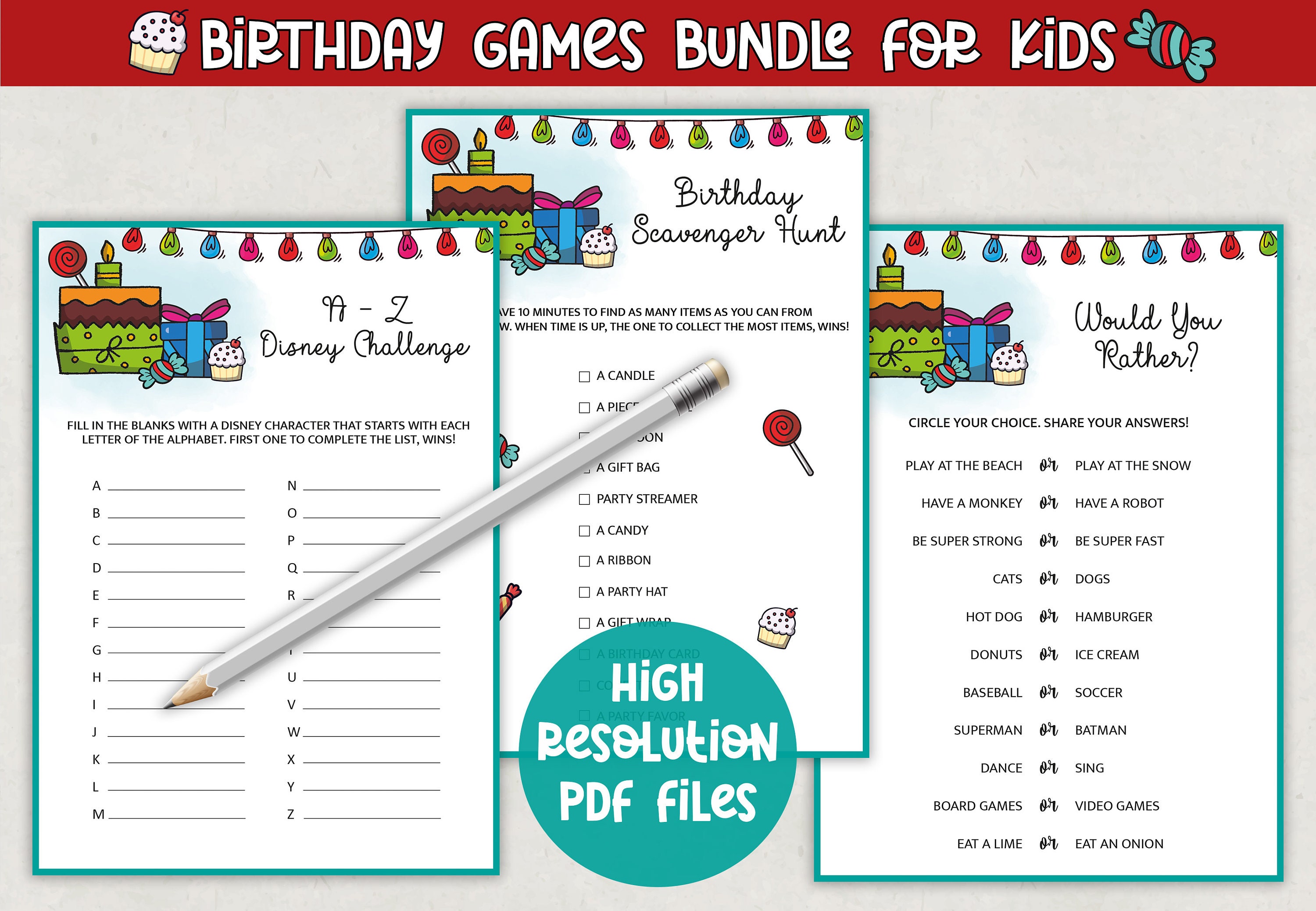 Kids Birthday Game Bundle Top 5 Birthday Party Games Disney, Scavenger ...