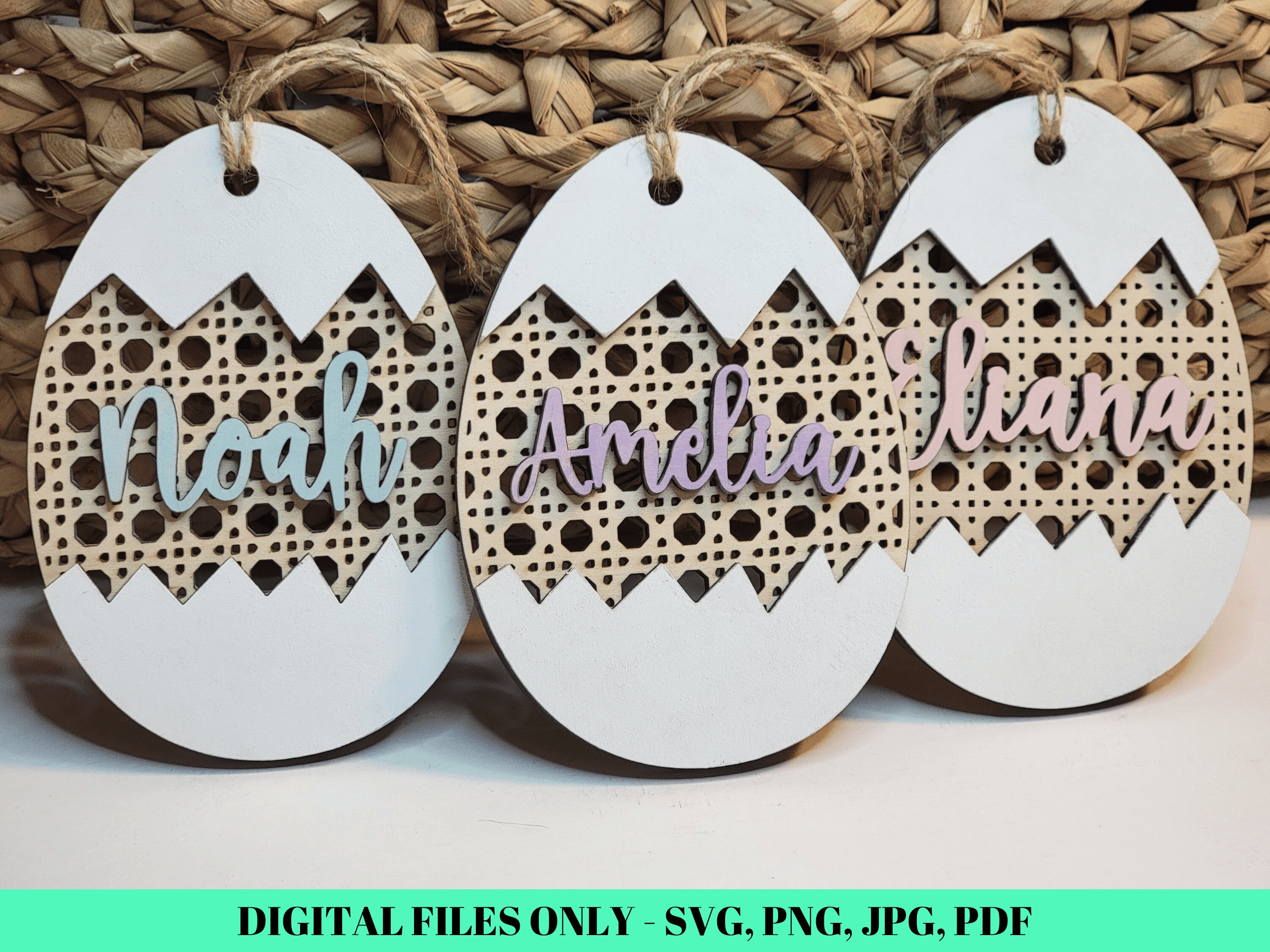 Easter Basket Name Tag Digital Files - Rattan Cracked Egg Tags - Laser ...