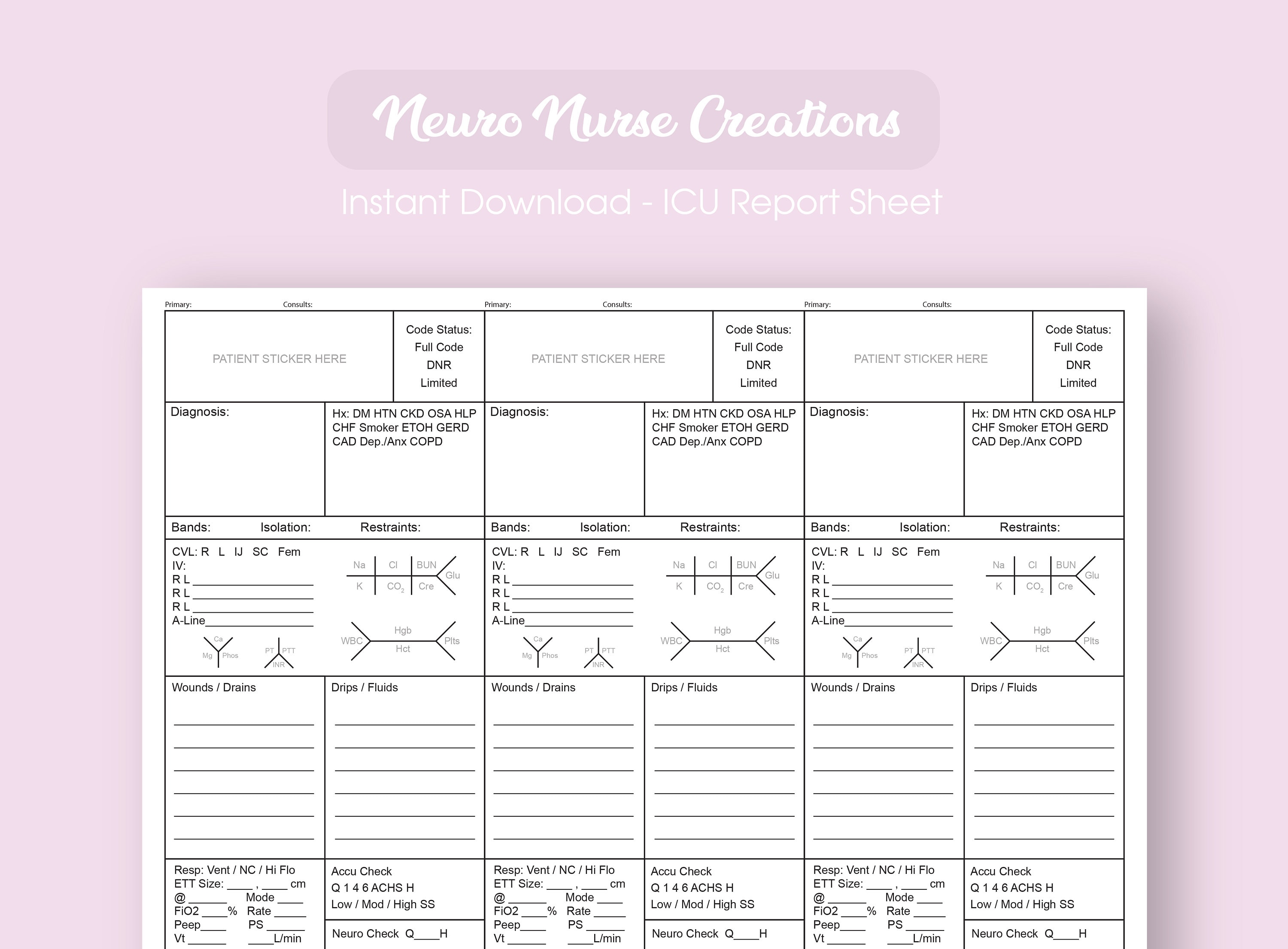 3 Patient ICU/PCU Report Sheet / ICU Brain - Etsy Hong Kong