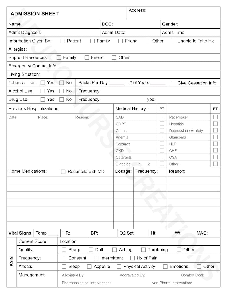 Home Health/hospice Admission Sheet - Etsy