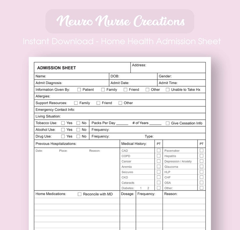 Home Health/hospice Admission Sheet - Etsy