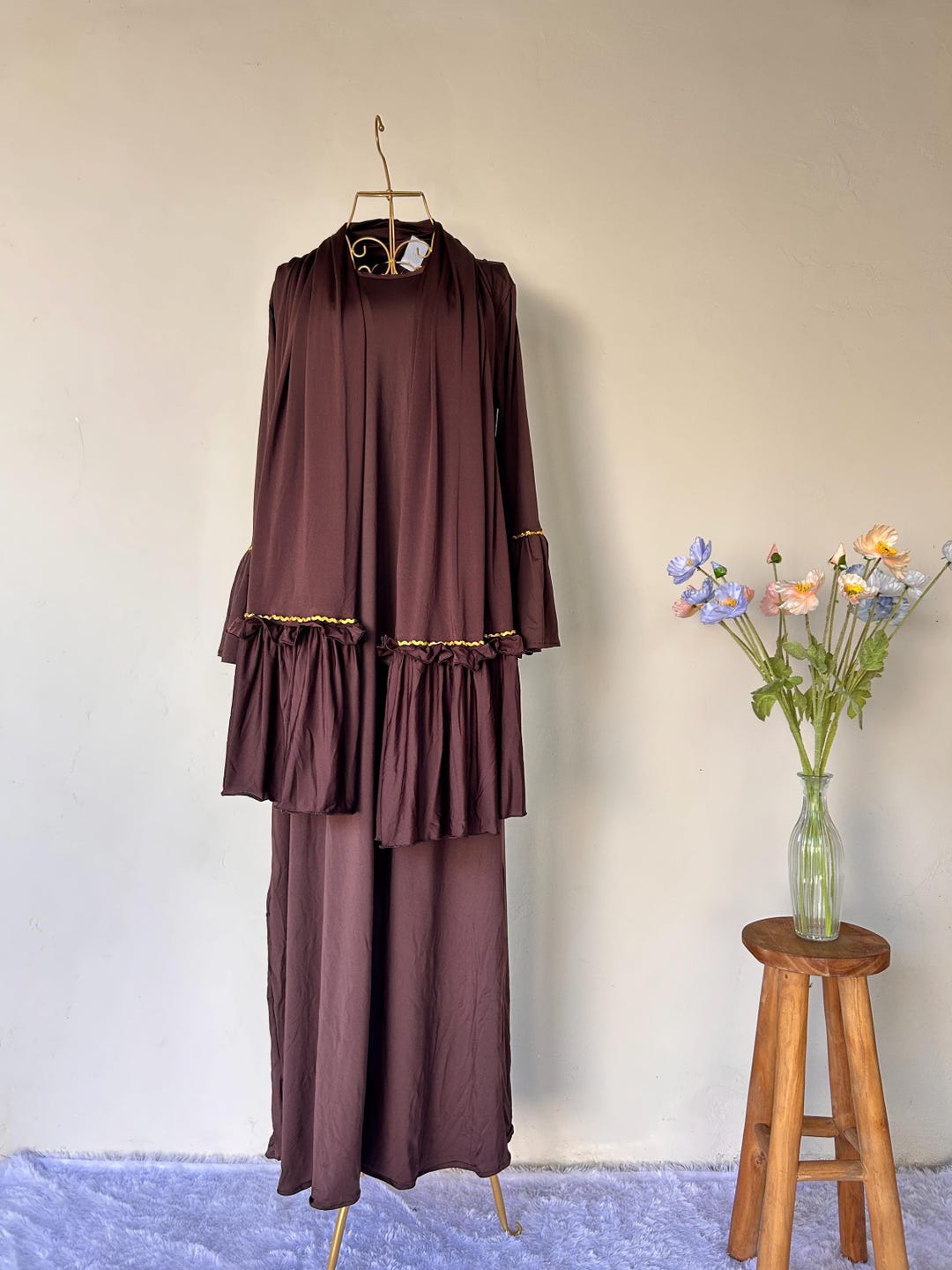 Ghania Ramadan Modest Muslim Dress Loose Fit Set With Long Hijab Brown ...