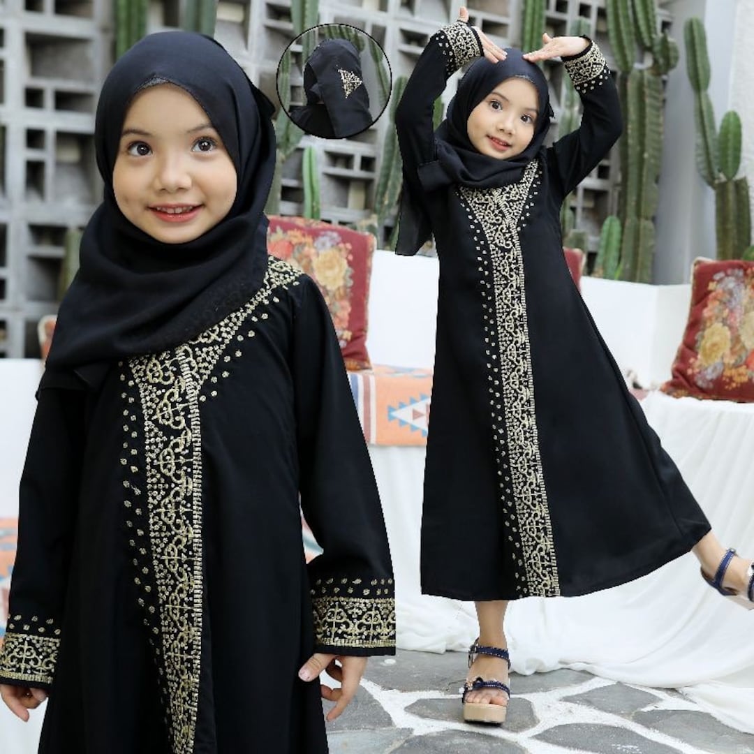 JALABIYAH Black Baby Girl Abaya Set Pashmina, Saudi Baby Girl Abaya Sets, Umrah Baby Girl Abaya ...