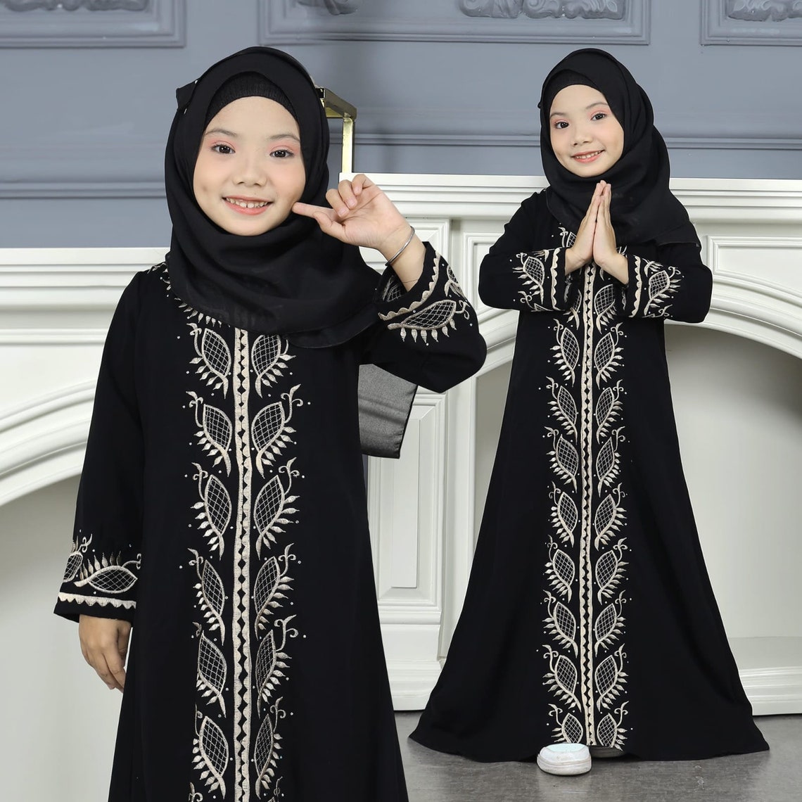Mumtaz Embroidery Black Abaya Dress & Pashmina Set, Muslim Baby Girl ...