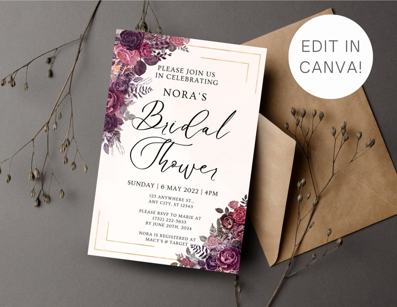 EDITABLE digital Printable Jewel Tone Floral Evite Dark Purple Floral ...