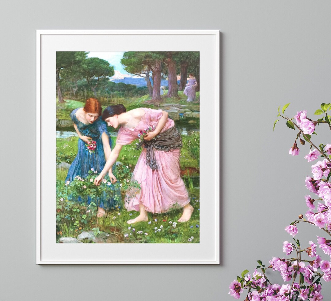 Gathering of Rosebuds, Romantic Vintage Art, Women Gathering Flowers in ...