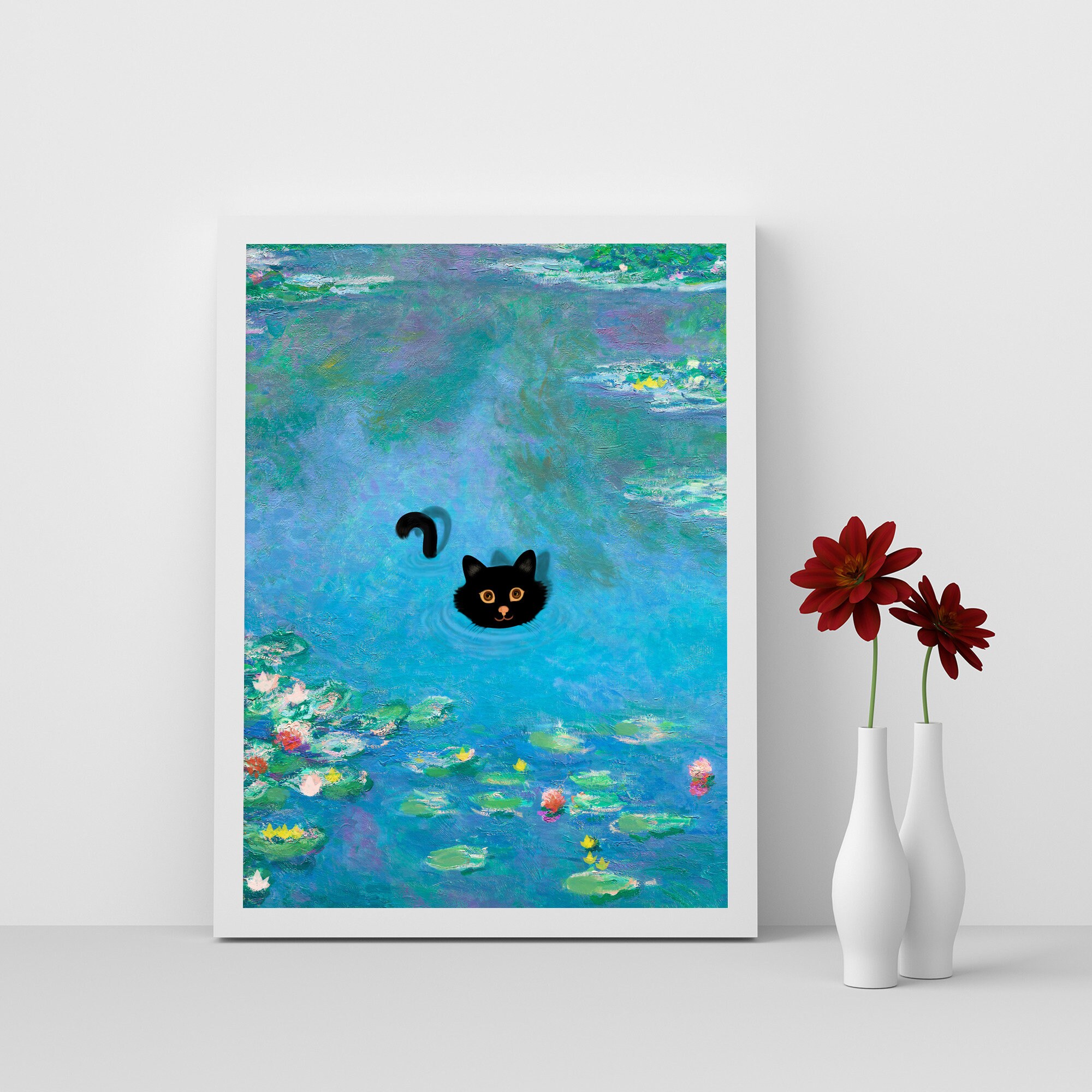 Monet Water Lily Cat Print, Cat Poster,Cute Black Cat Print, Claude ...