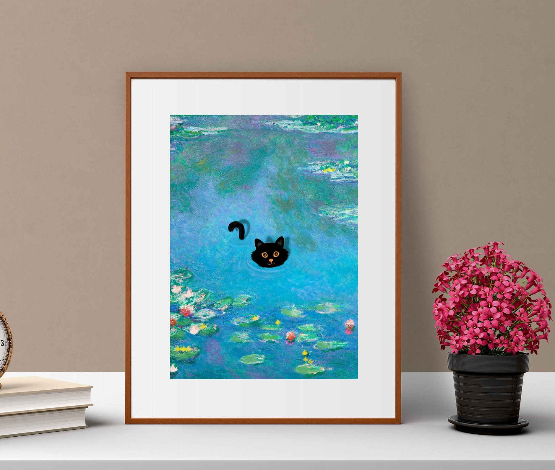 Monet Water Lily Cat Print, Cat Poster,Cute Black Cat Print, Claude ...