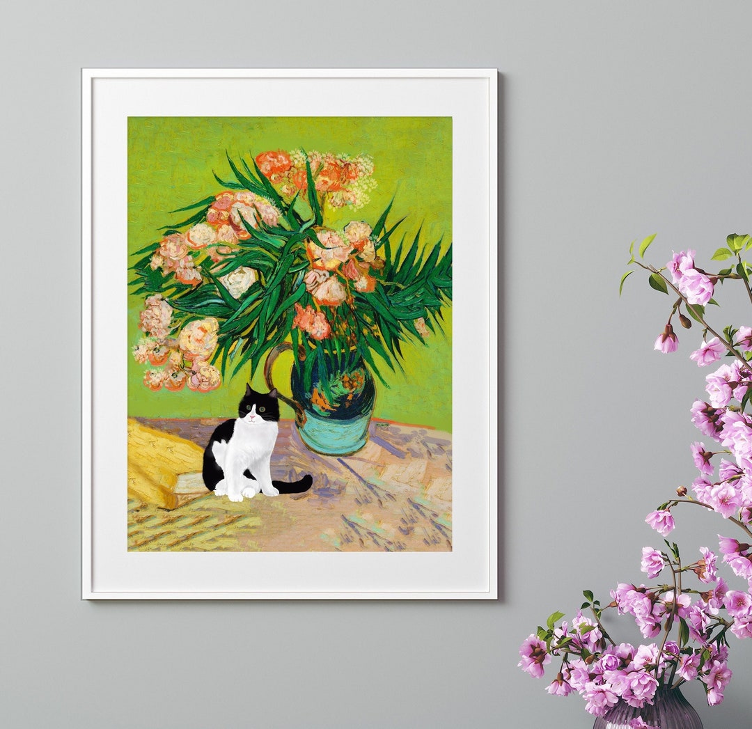 Van Gogh Oleanders Cat Print, Cat Poster, Cute Black & White Cat Print ...