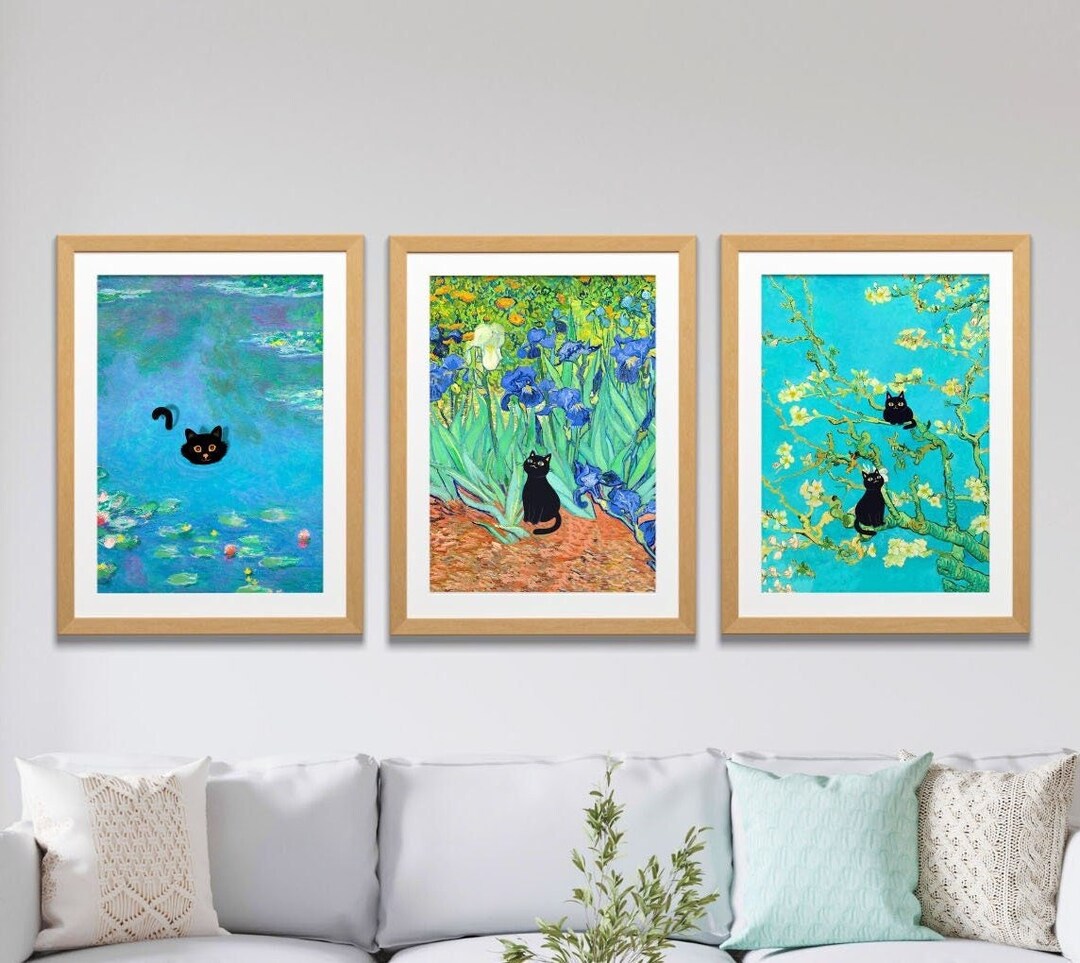 Black Cat Gallery of Set 3, Monet Water Lily Cat , Cat Posters Set, Van ...