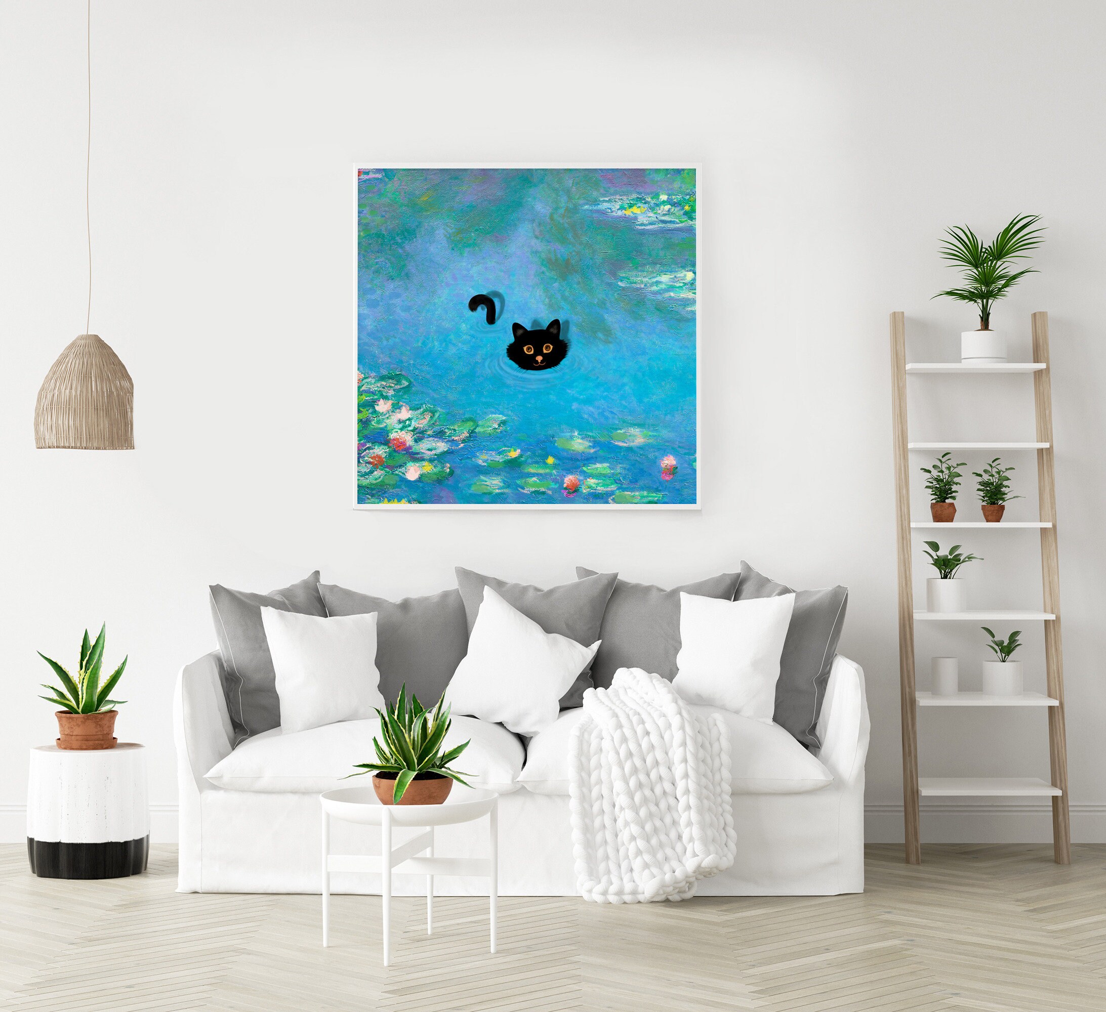 Monet Water Lily Cat Print, Cat Poster,Cute Black Cat Print, Claude ...