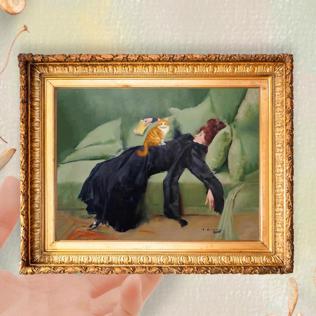 Miniature Cat Art Print: Bored Reader, Ramon Casas Mini Painting ...