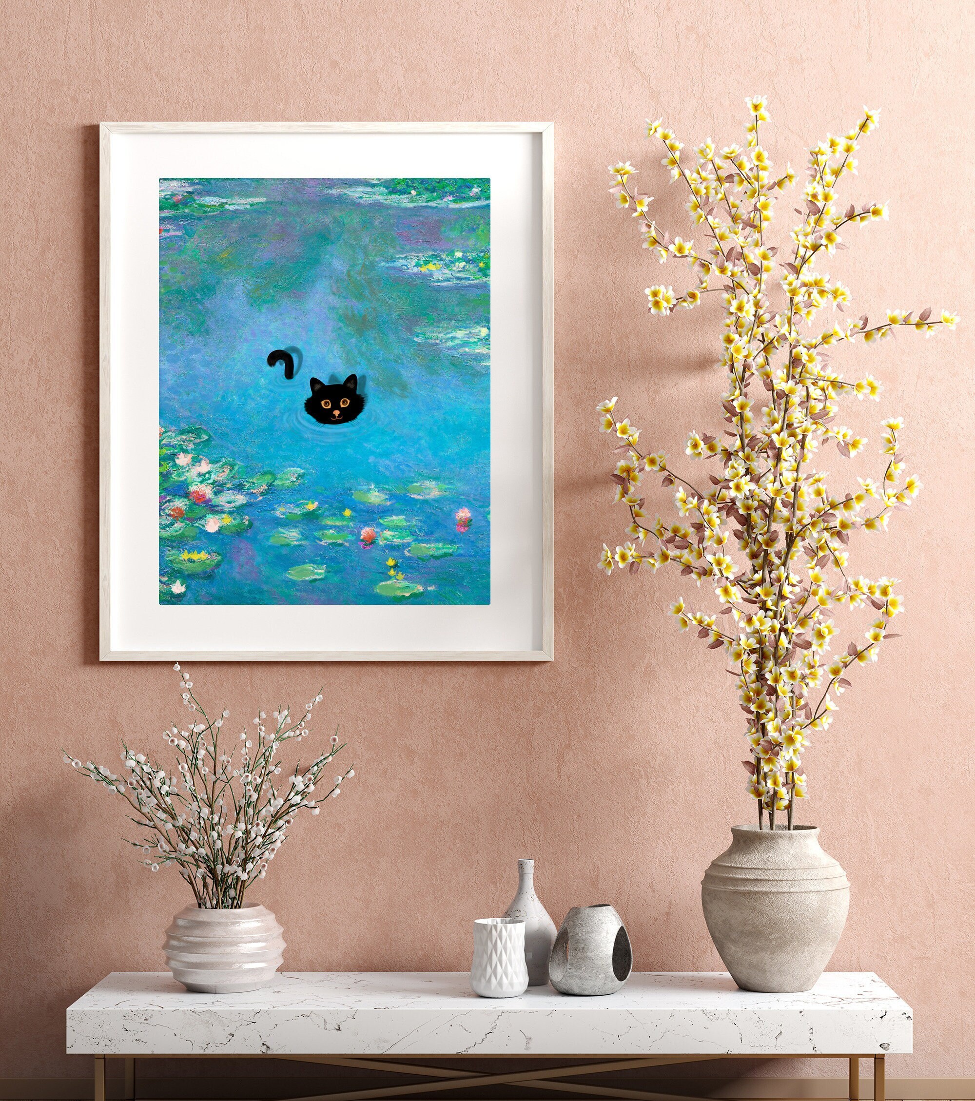 Monet Water Lily Cat Print, Cat Poster,Cute Black Cat Print, Claude ...