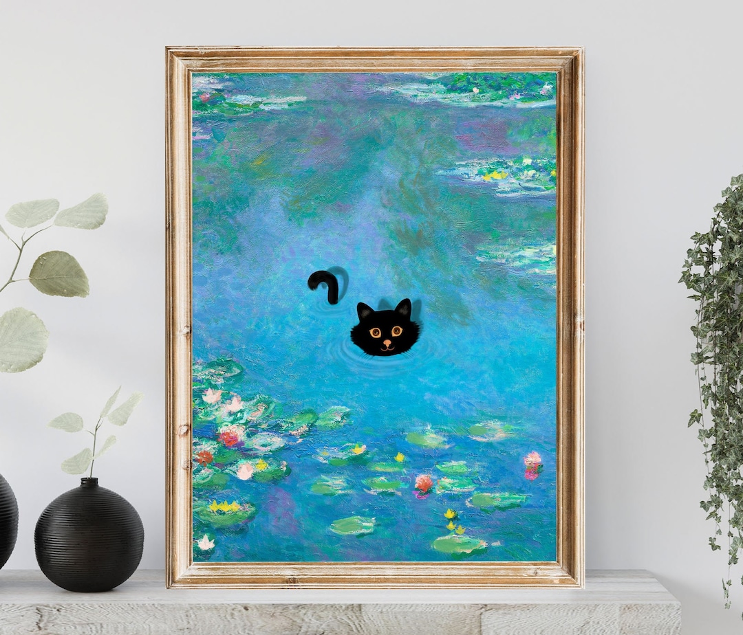 Monet Water Lily Cat Print, Cat Poster,cute Black Cat Print, Claude ...