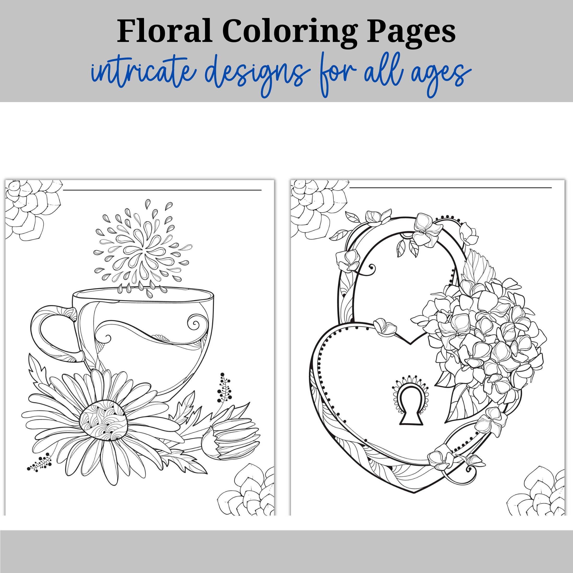 40 Floral Coloring Pages Bundle, Beautiful Flowers Coloring Book ...