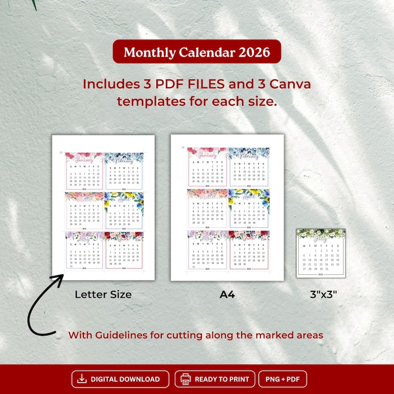 2026 Printable 3x3 Mini Watercolor Floral Desk Calendar | Printable ...