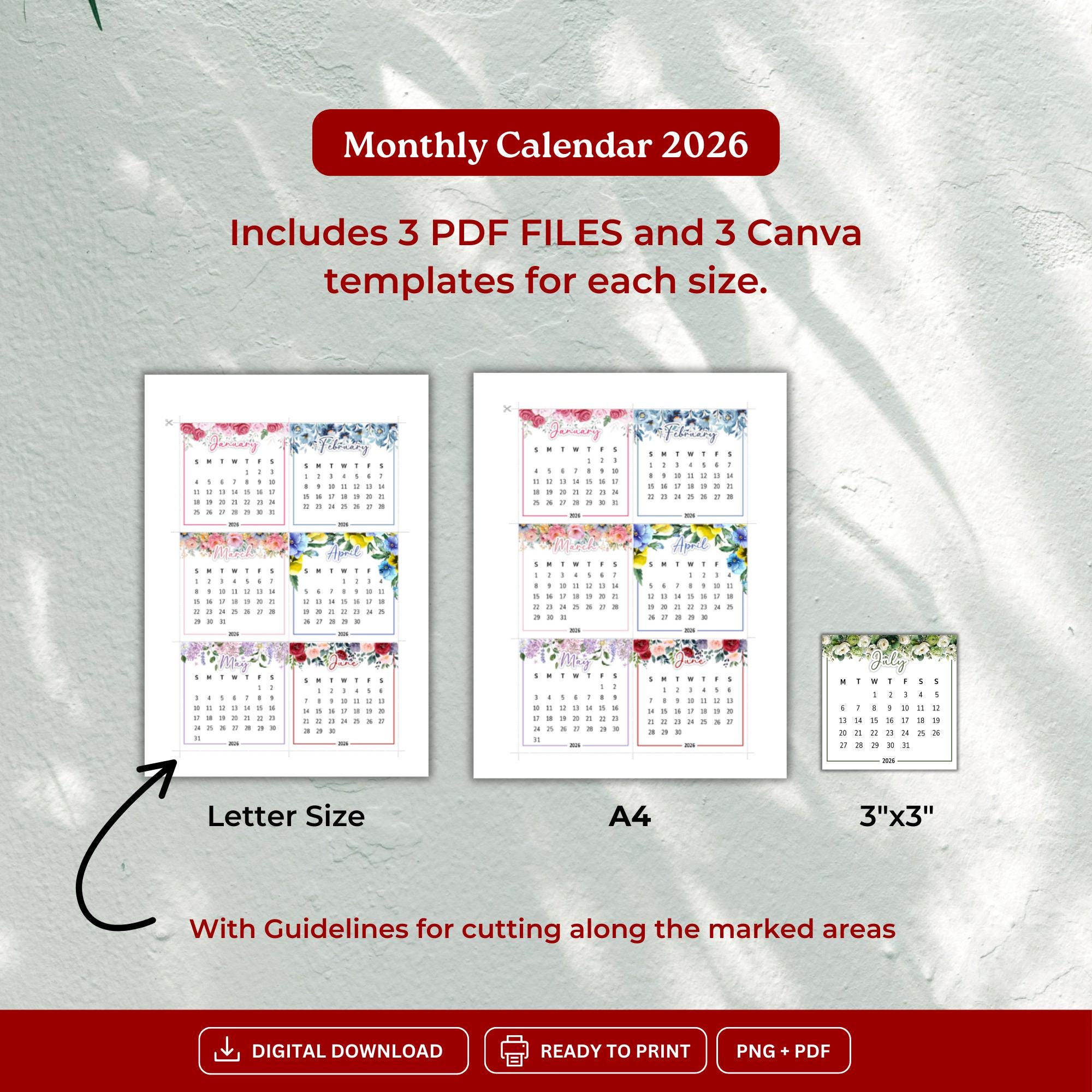 2026 Printable 3x3 Mini Watercolor Floral Desk Calendar | Printable ...