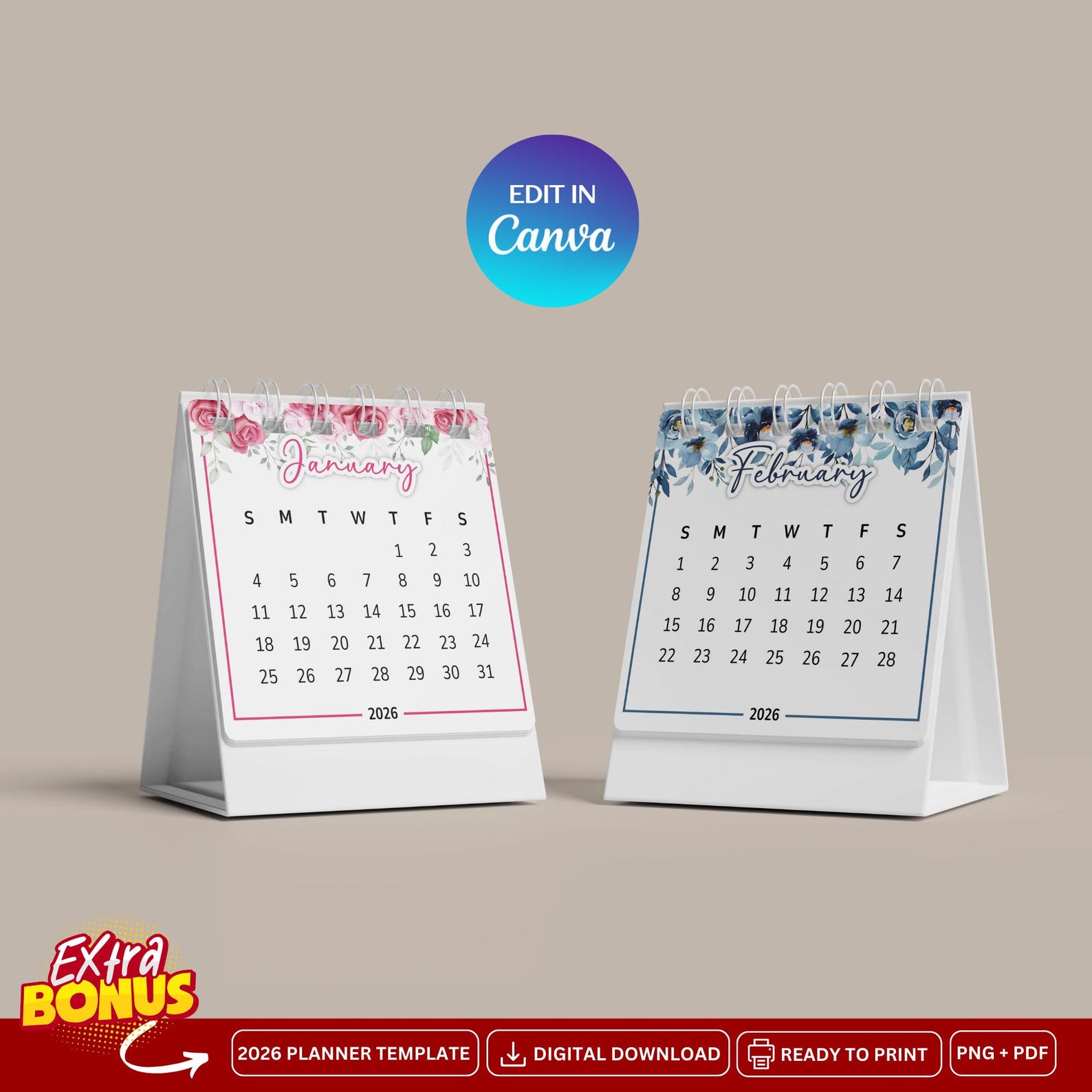 2026 Printable 3x3 Mini Watercolor Floral Desk Calendar | Printable ...