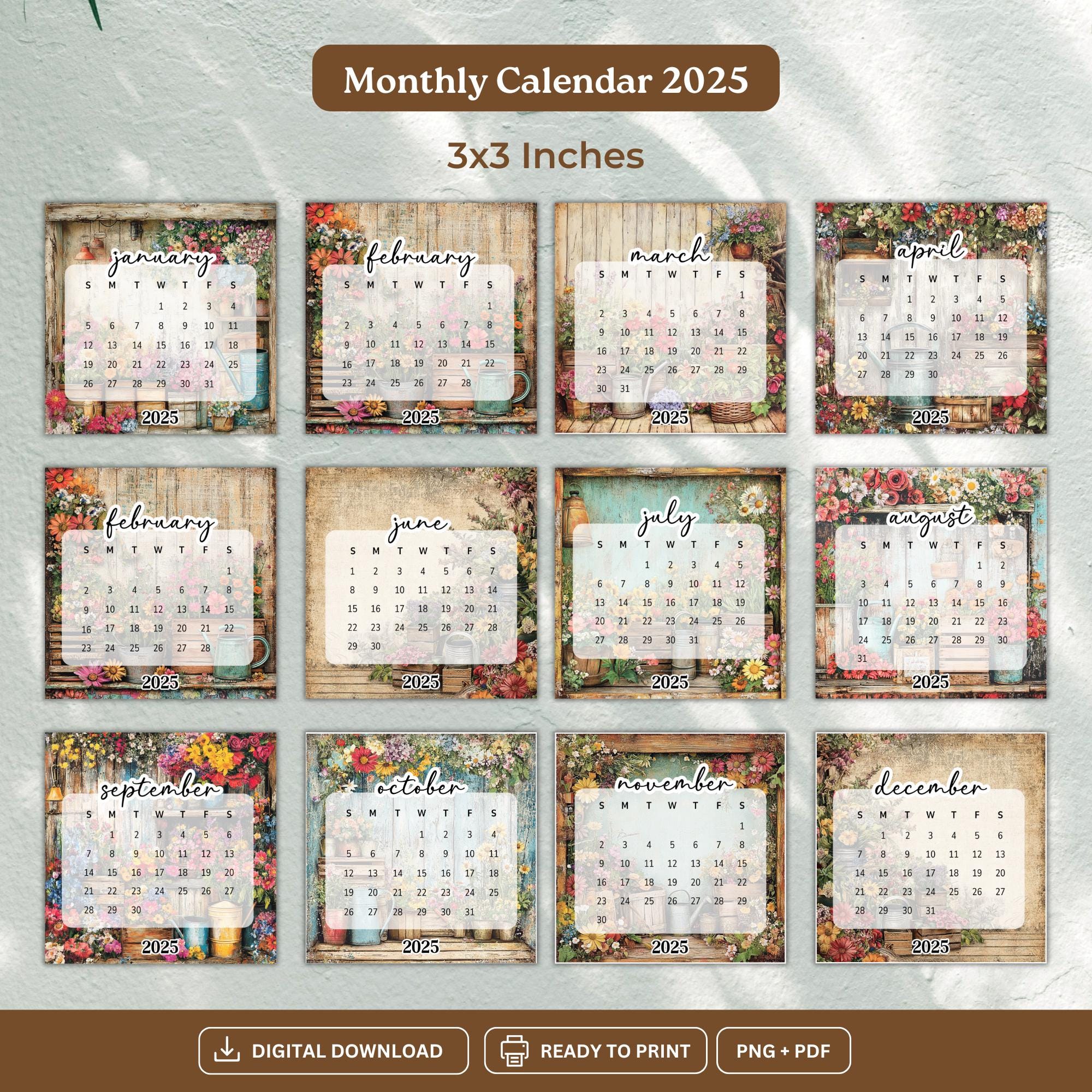 2025 Printable 3x3 Mini Rustic Flower Desk Calendar Template ...