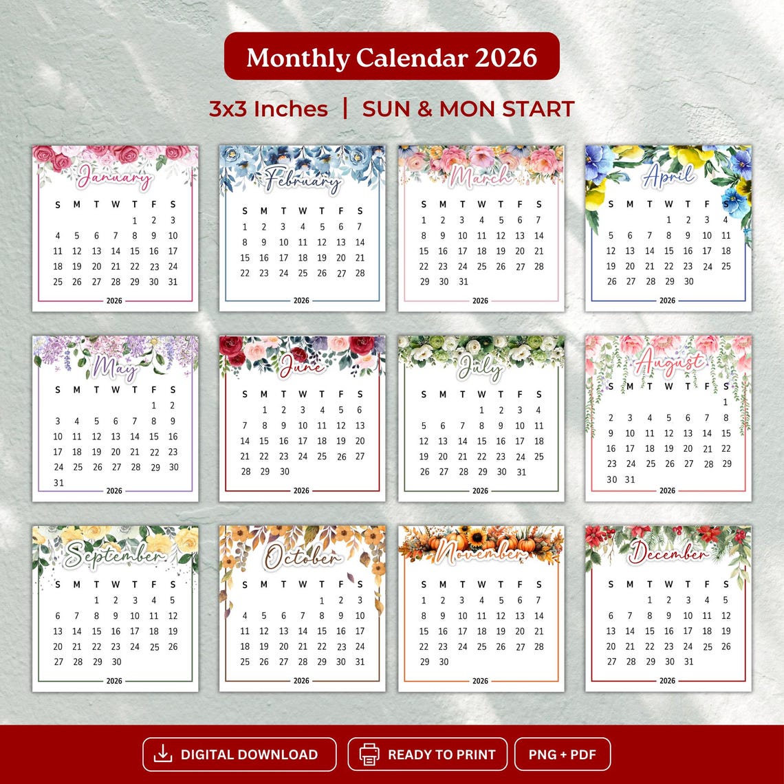 2026 Printable 3x3 Mini Watercolor Floral Desk Calendar | Printable ...