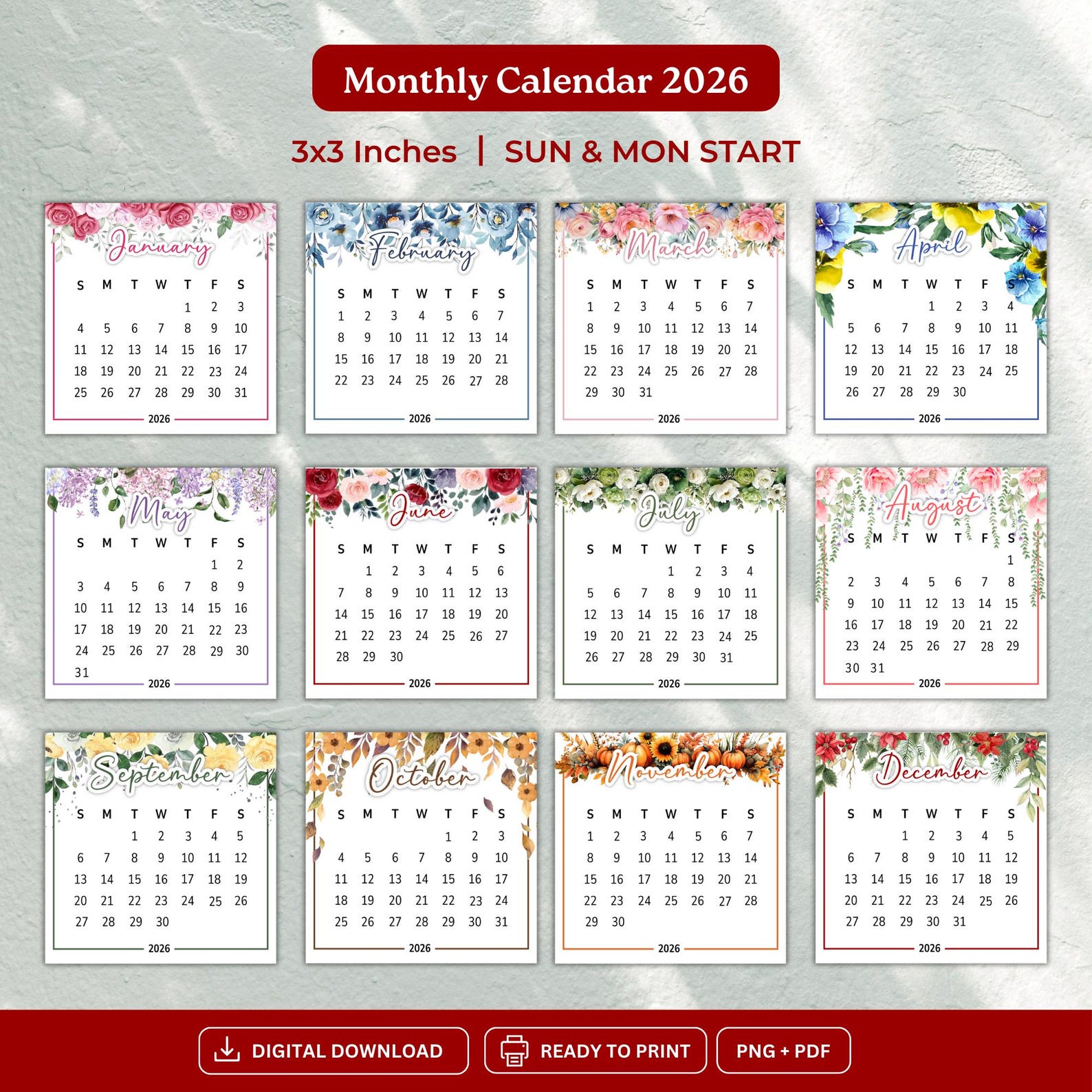 2026 Printable 3x3 Mini Watercolor Floral Desk Calendar | Printable ...