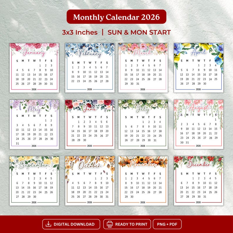2026 Printable 3x3 Mini Watercolor Floral Desk Calendar | Printable ...