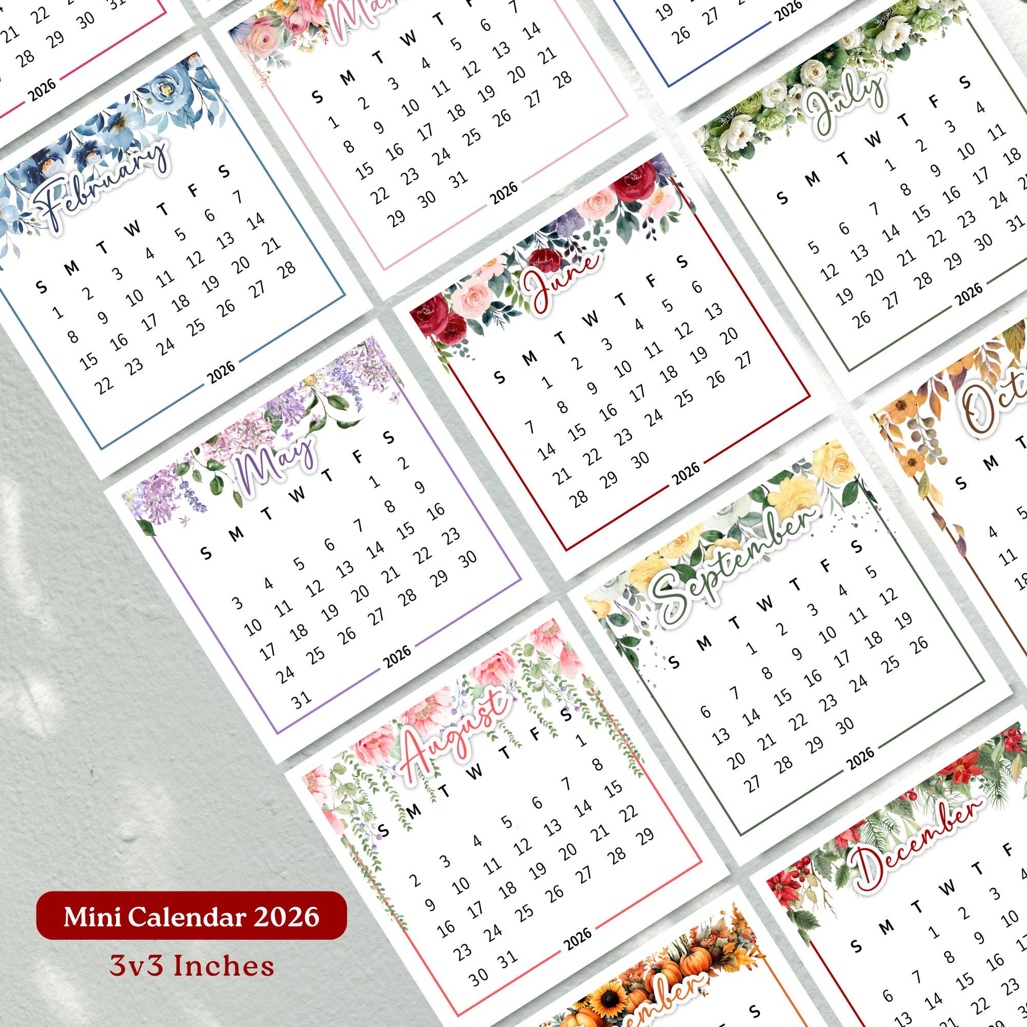 2026 Printable 3x3 Mini Watercolor Floral Desk Calendar | Printable ...