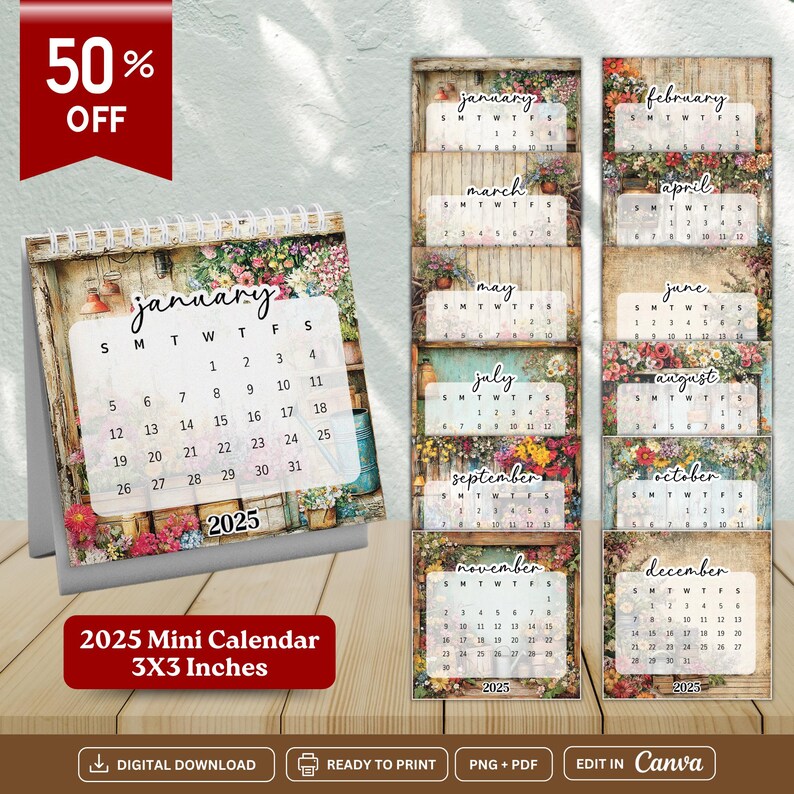 2025 Printable 3x3 Mini Rustic Flower Desk Calendar Template ...
