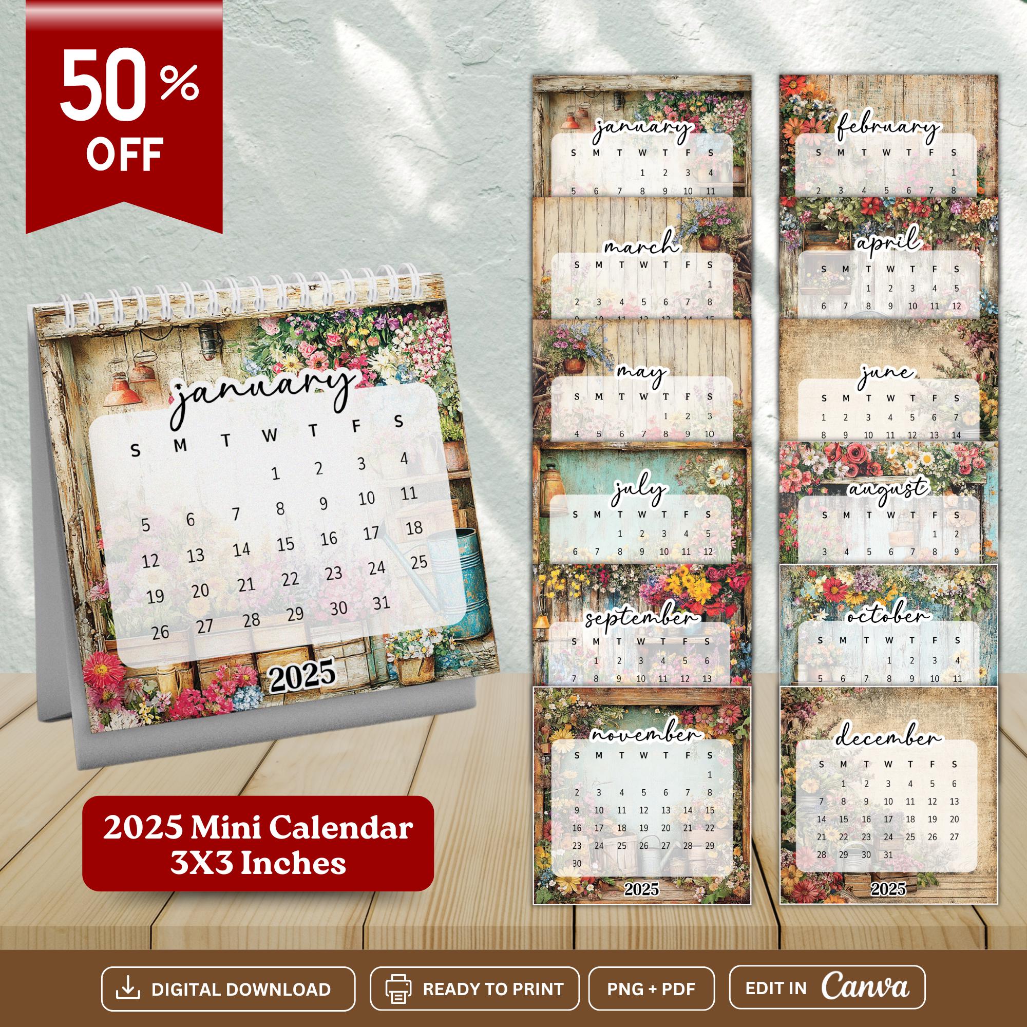 2025 Printable 3x3 Mini Rustic Flower Desk Calendar Template ...