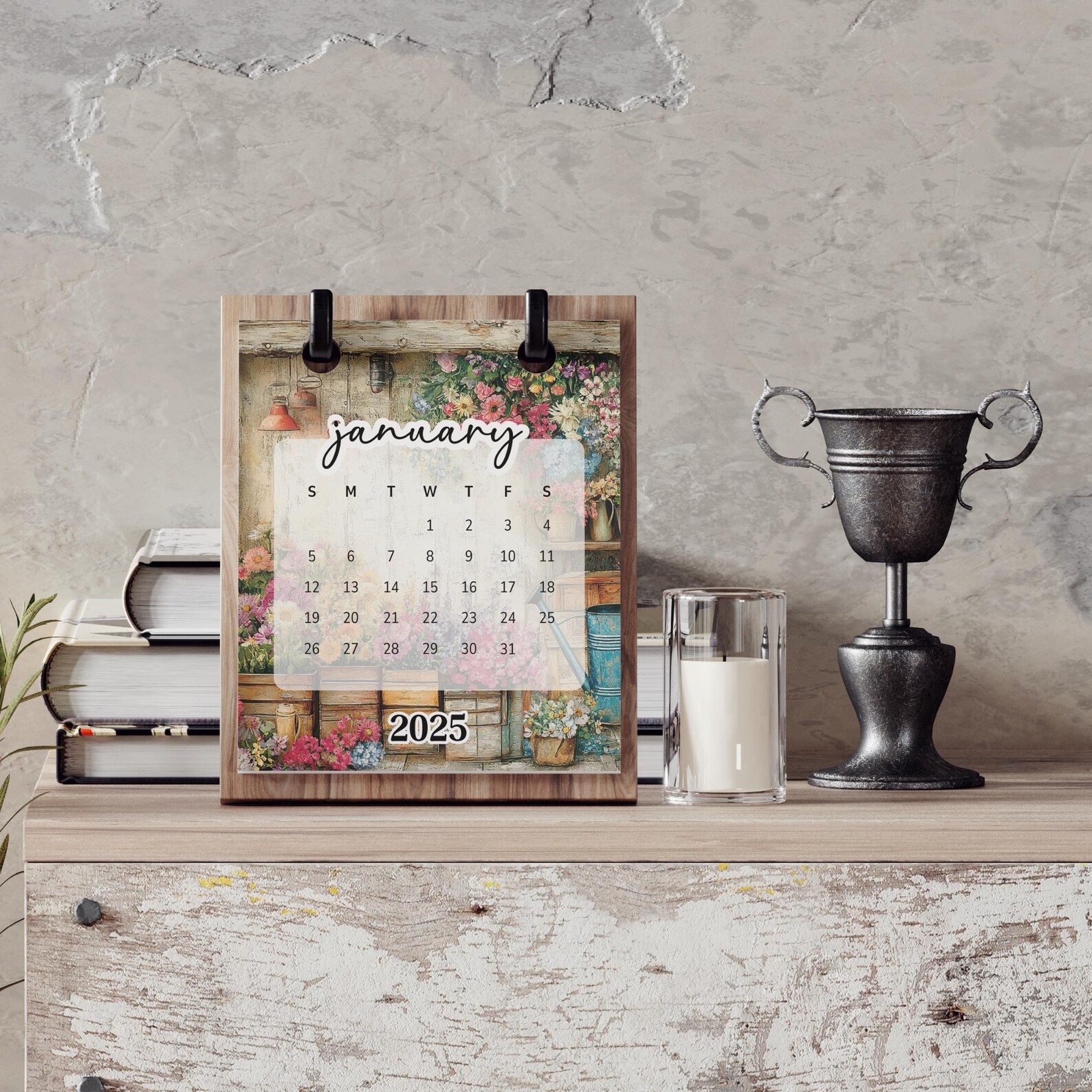 2025 Printable 3x3 Mini Rustic Flower Desk Calendar Template ...