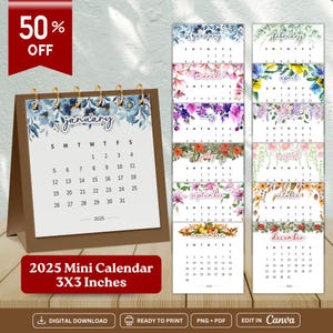 2025 Printable 3x3 Mini Watercolor Floral Desk Calendar | Printable ...