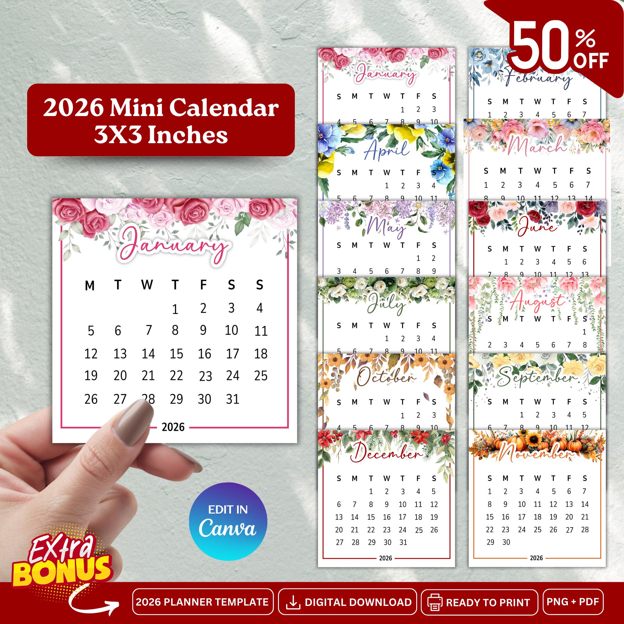 2026 Printable 3x3 Mini Watercolor Floral Desk Calendar | Printable Mini Calendar 2026 | 2026 ...