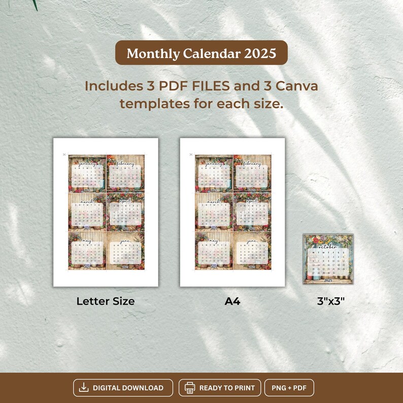 2025 Printable 3x3 Mini Rustic Flower Desk Calendar Template ...