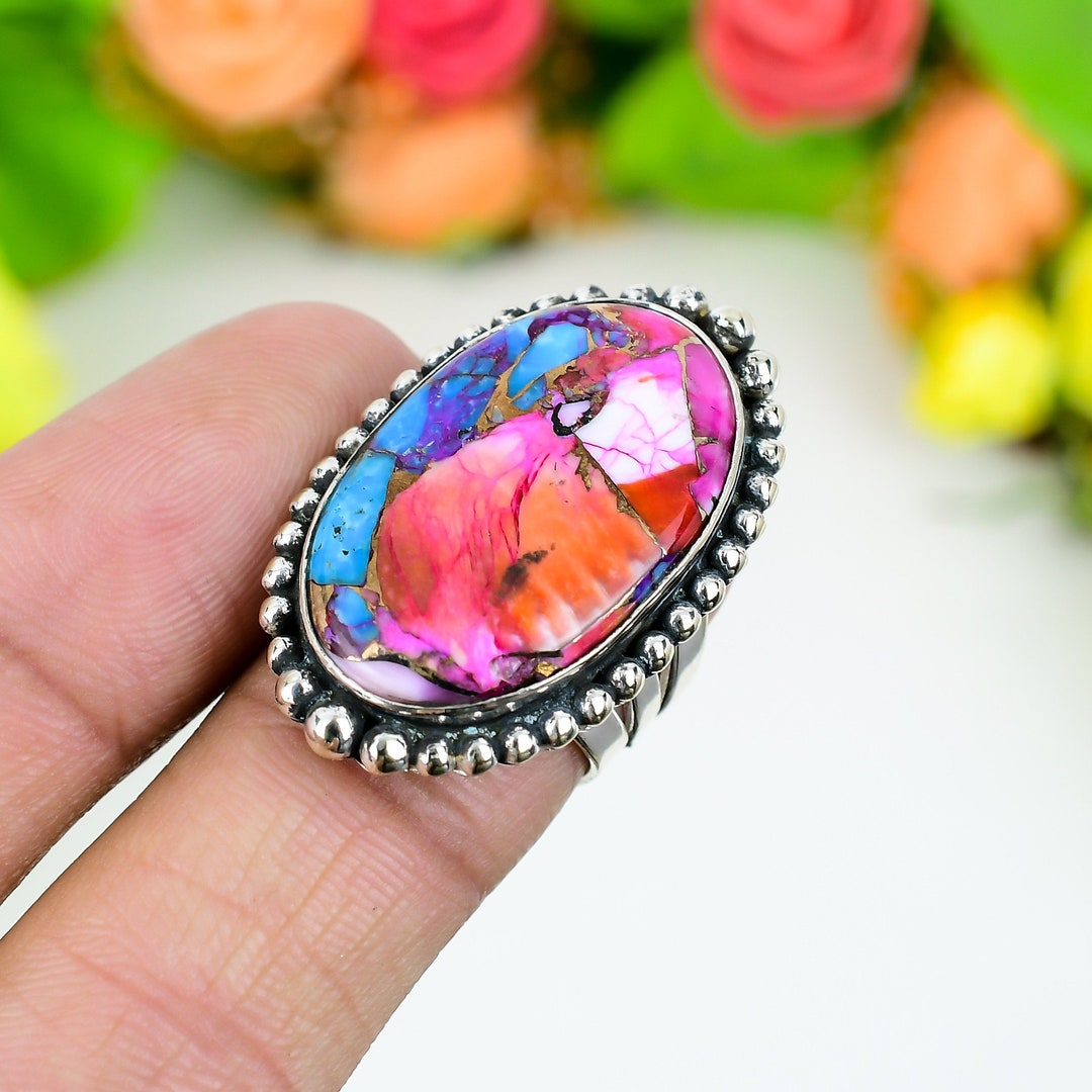 Pink Spiny Oyster Ring Gemstone 925 Sterling Silver Ring Handmade Ring ...