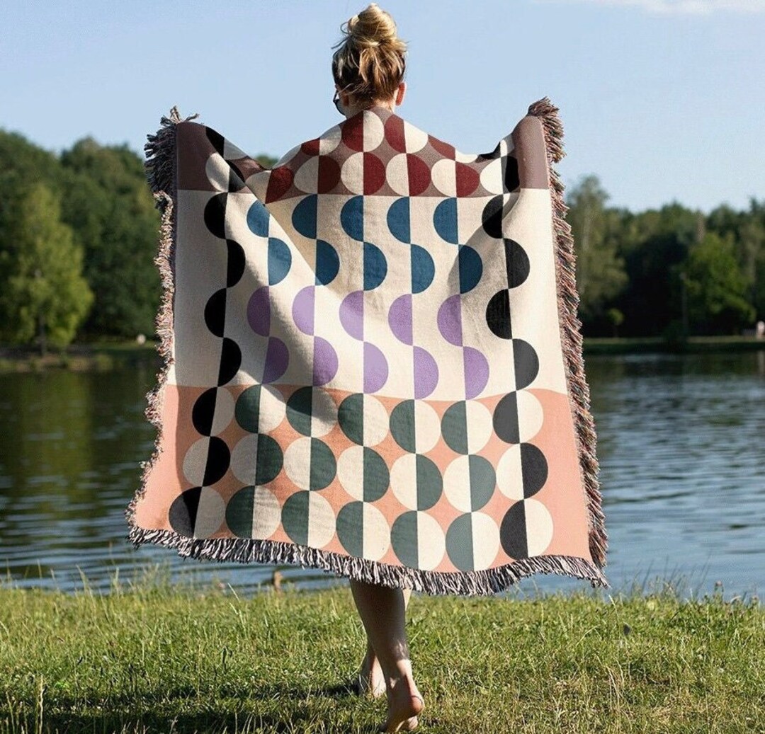 Midcentury Modern Throw Blanket: Geometric Cotton Woven Blanket, Made ...
