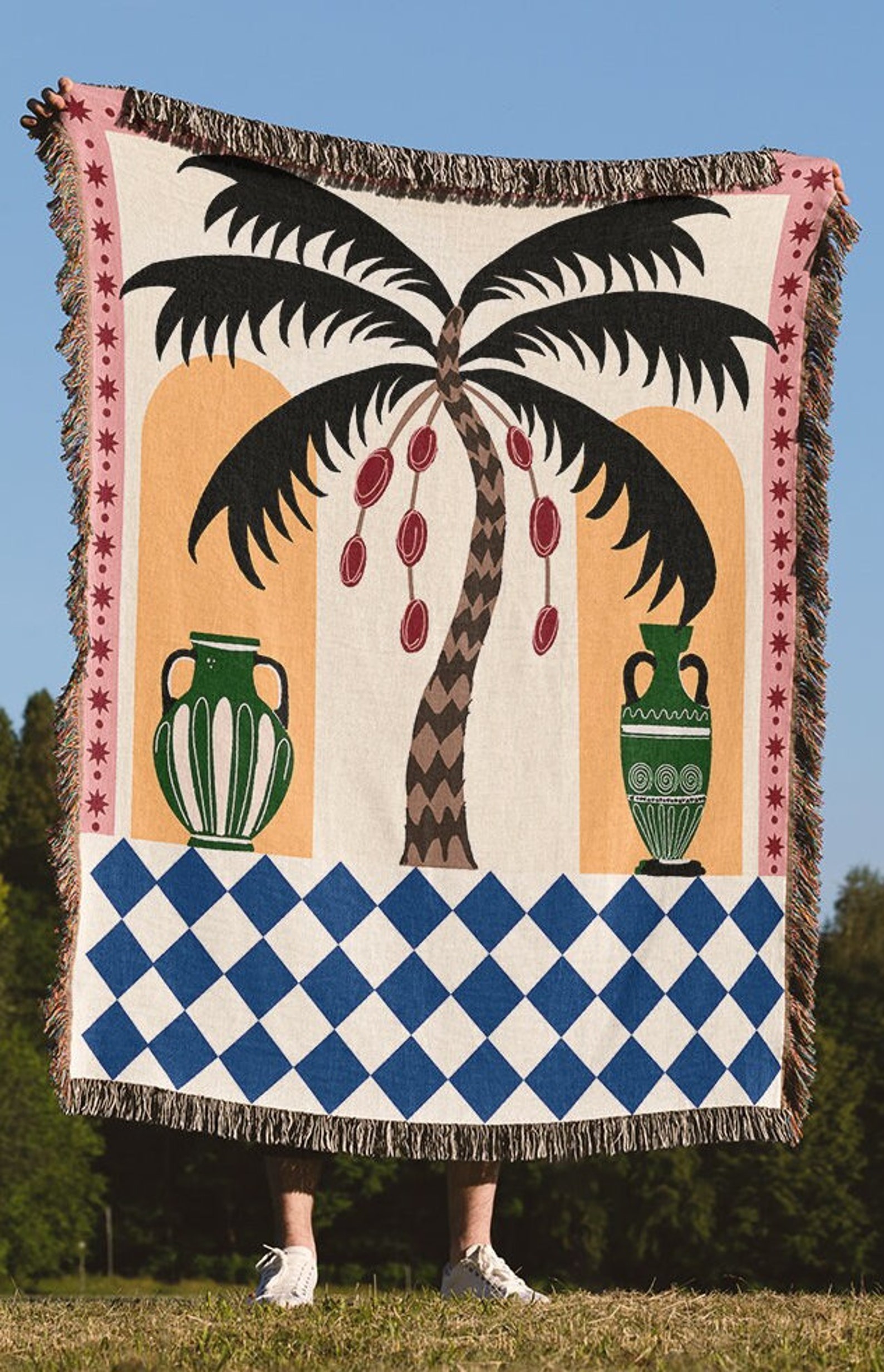 Palm Royale Palm Tree Woven Throw Blanket: Funky Maximalist Home Decor ...