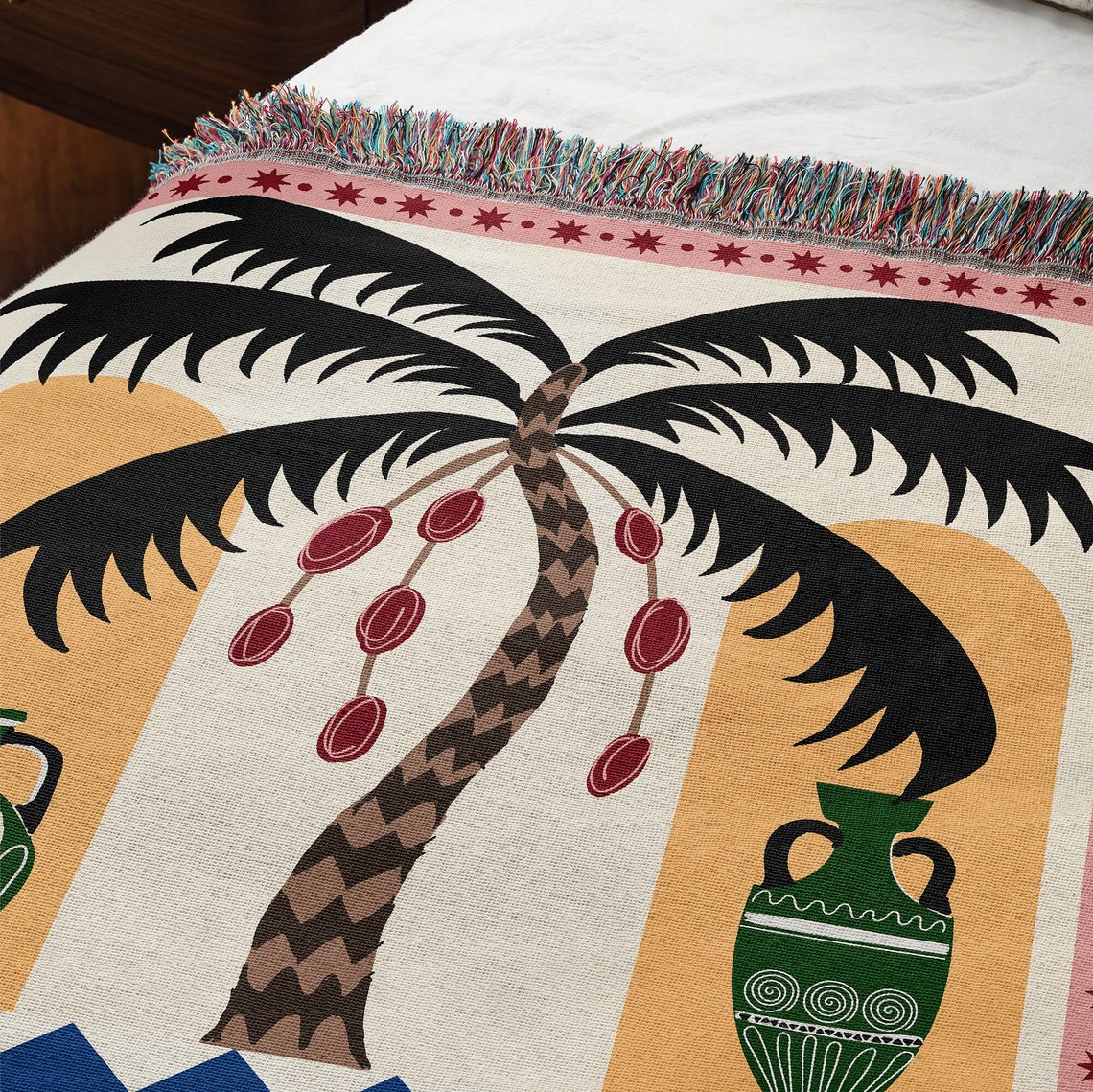 Palm Royale Palm Tree Woven Throw Blanket: Funky Maximalist Home Decor ...
