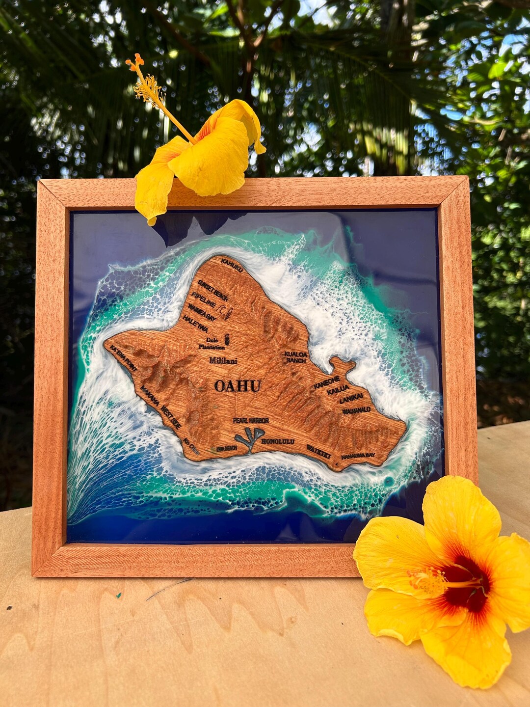 Framed 3D Wood Oahu Island on Resin Ocean - Etsy
