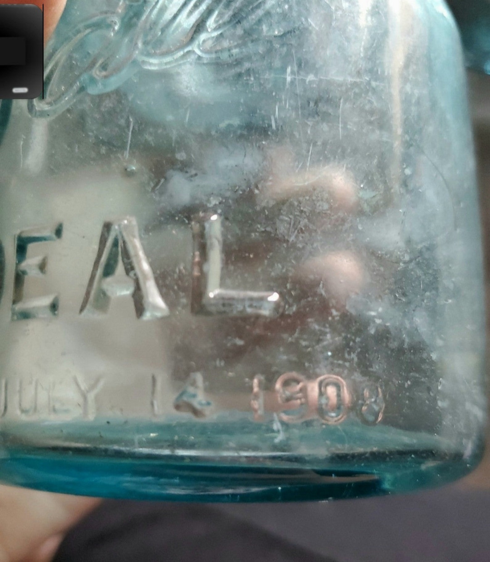 Blue Mason Jar Pat D July 14 1908 #5 Original Snap Lid Lots of Bubbles ...