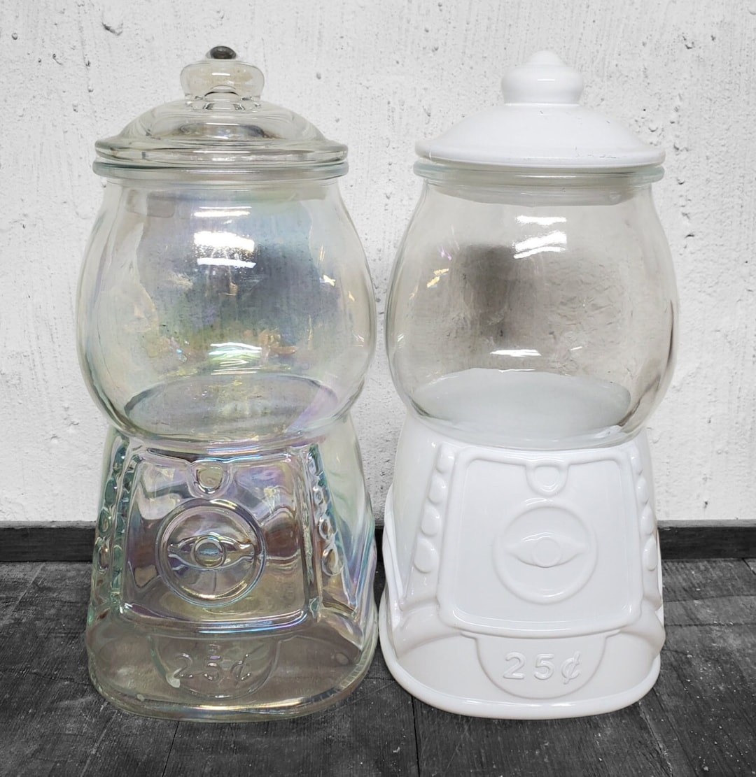 Glass Gumball Jar Machines Set of 2: Iridescent & White Accent Candy ...