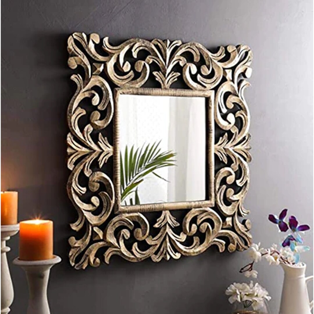 Rustic Gold Wooden Square Mirror Frame 24 Inch Carved Wall - Etsy