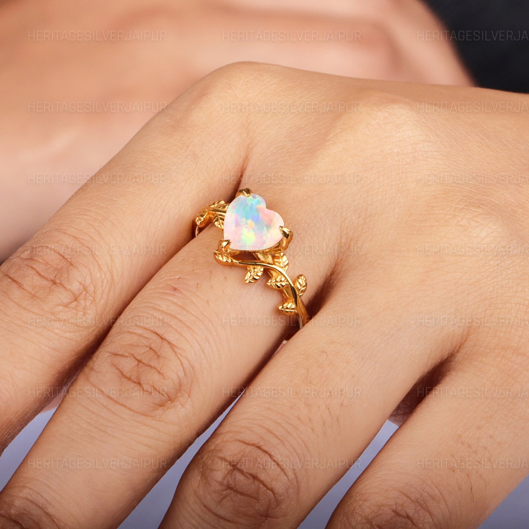 Natural Ethiopian Opal Ring, 14K Gold Plated Engagement Ring, Heart Shape Leaf Ring, Gift for ...